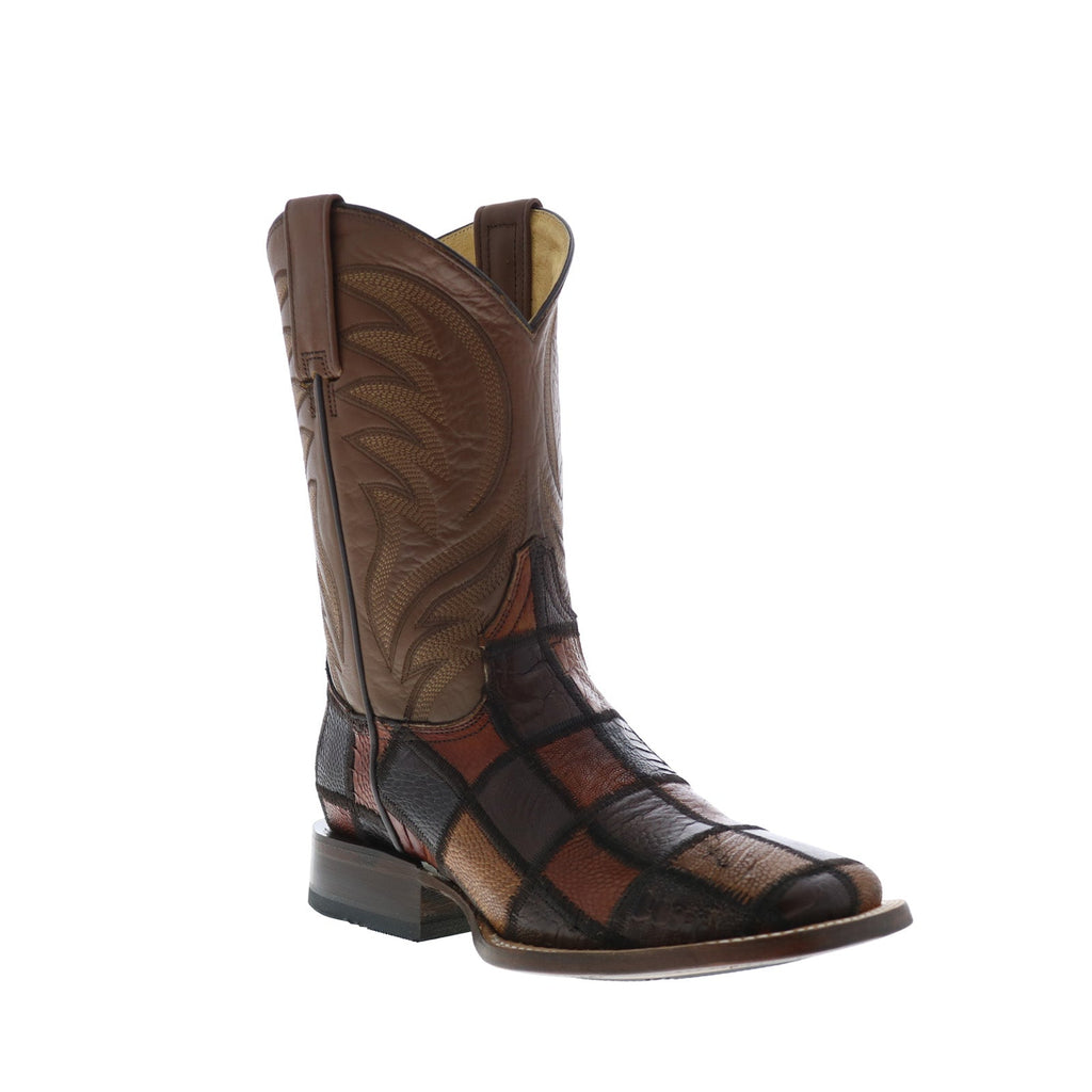 Roper Ostrich Leg Check Patchwork Mens Brown Leather Cowboy Western Bo ...