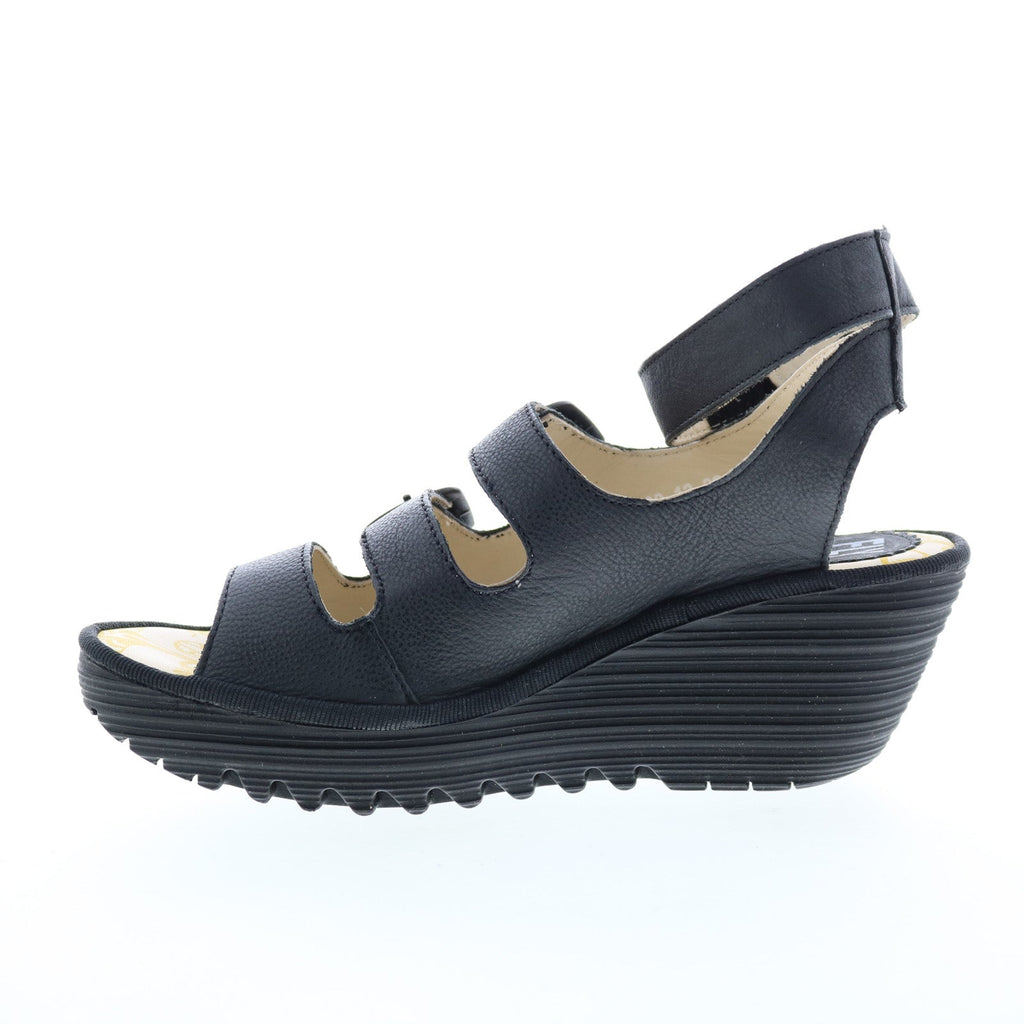 Fly London Yorn YORN388FLY-000 Womens Black Leather Wedges Sandals Sho ...
